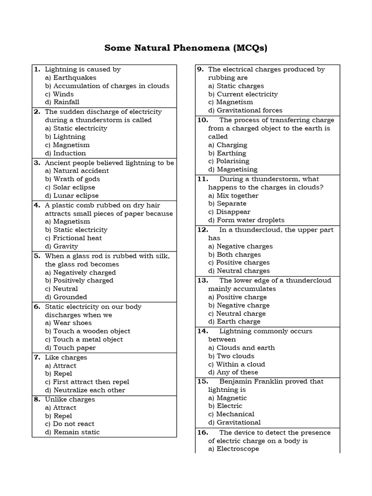 Natural Phenomena: Lightning MCQs | PDF | Lightning | Electricity