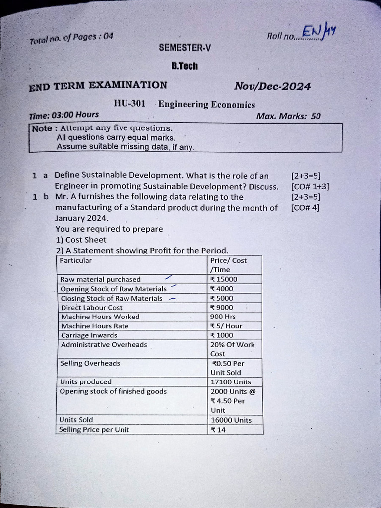 HU301 endsem 2024 | PDF | Interest | Microeconomics