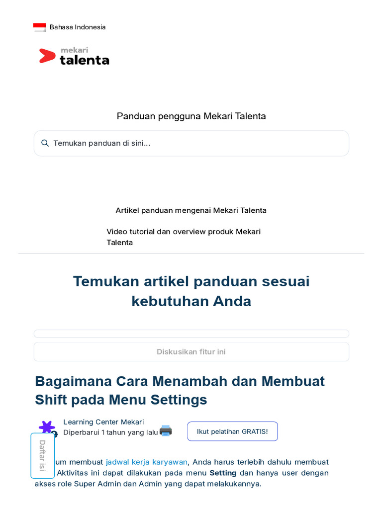 Cara Membuat Shift di Talenta Mekari | PDF