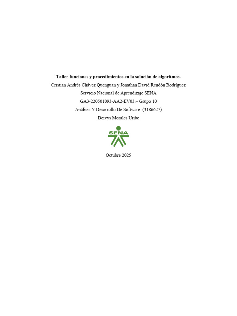 Taller Funciones y Procedimientos en La Solución de Algoritmos PDF ...