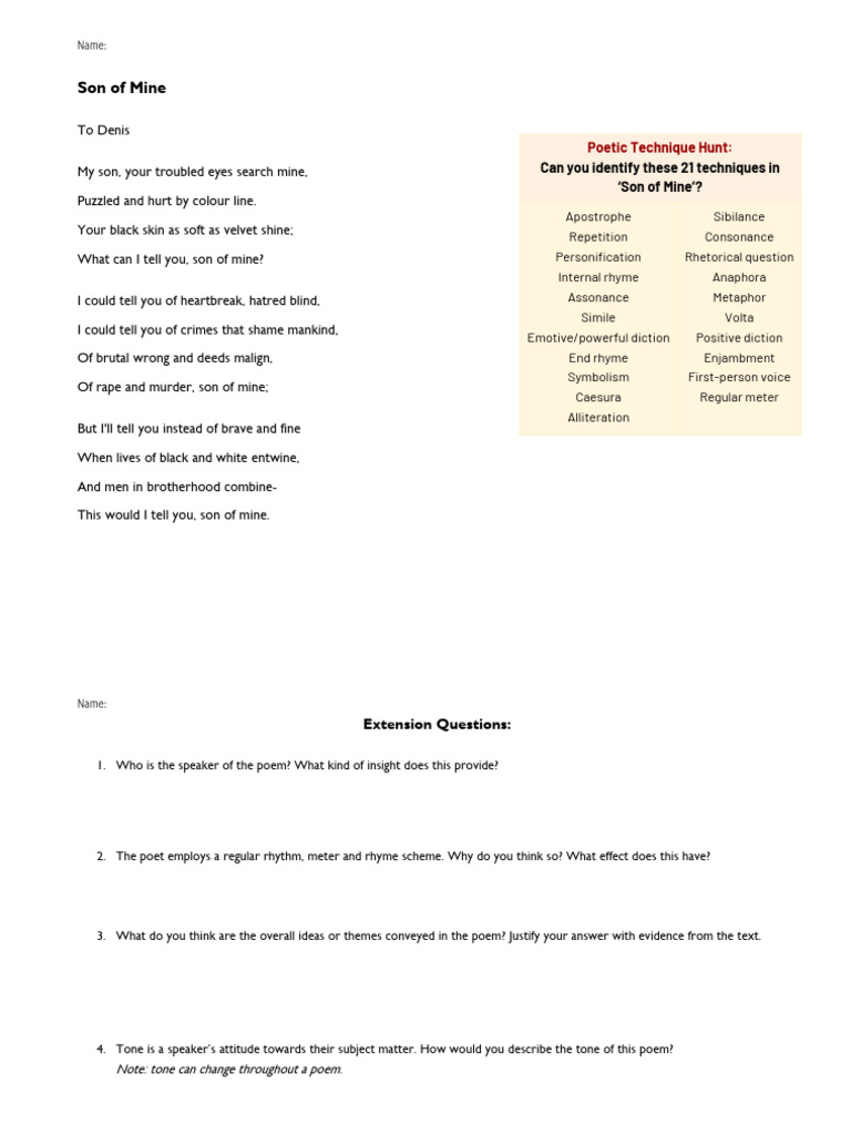 Son of Mine' - Oodgeroo Noonuccal - Technique Hunt | PDF