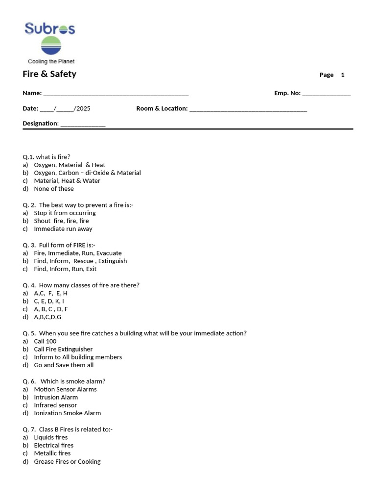 Fire Safety Quiz and Guidelines | PDF