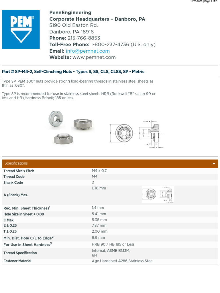 SP M4 2 Self ClinchingNuts TypesS SS CLS CLSS SP Metric | PDF