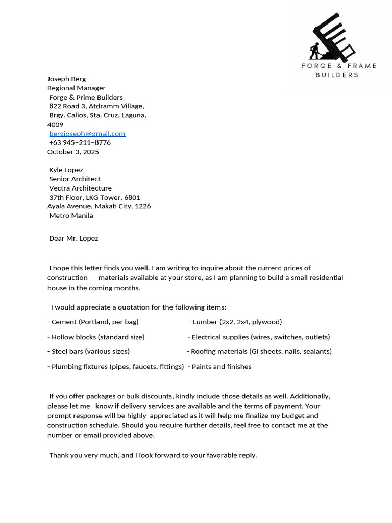 Inquiry On Prices of Construction Materials For A Small House | PDF