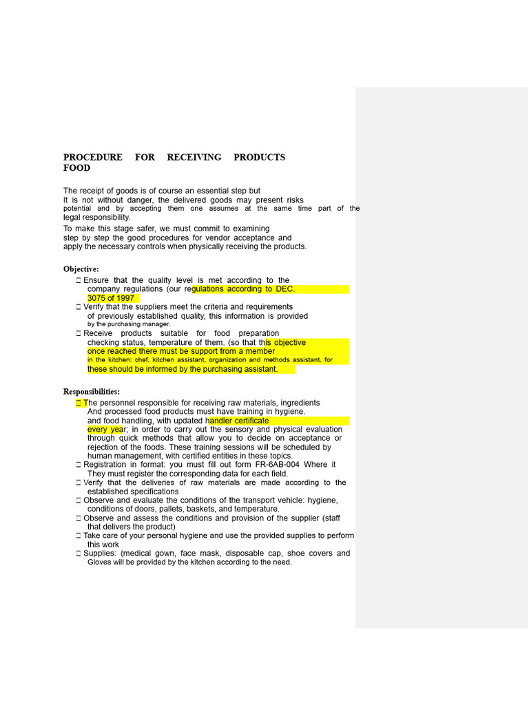 Procedure for Receiving Food Products (3) | PDF