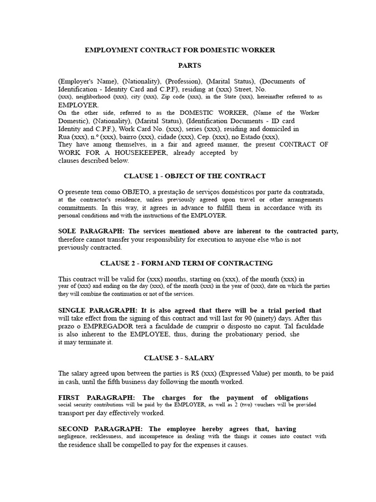 EMPLOYMENT CONTRACT FOR HOUSEHOLD EMPLOYEE | PDF | Employment ...