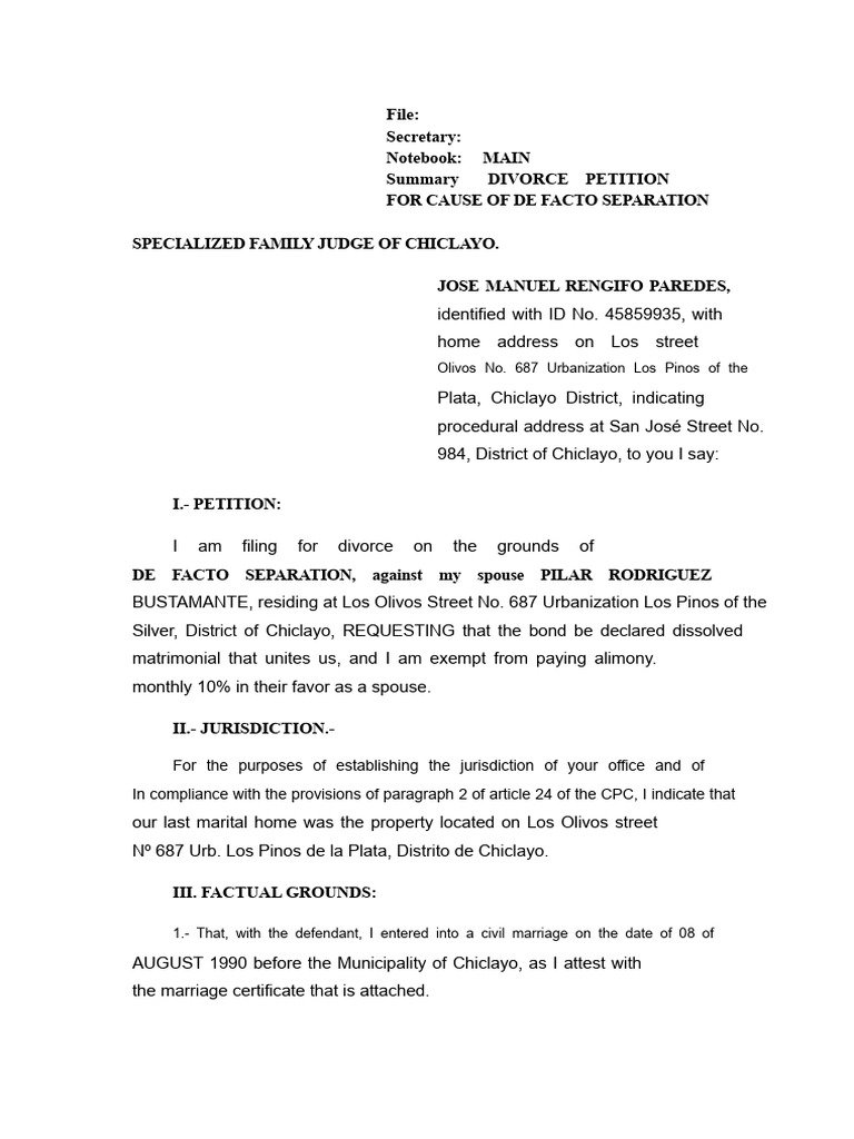 Divorce Petition Due To Separation in Fact | PDF | Divorce | Marriage