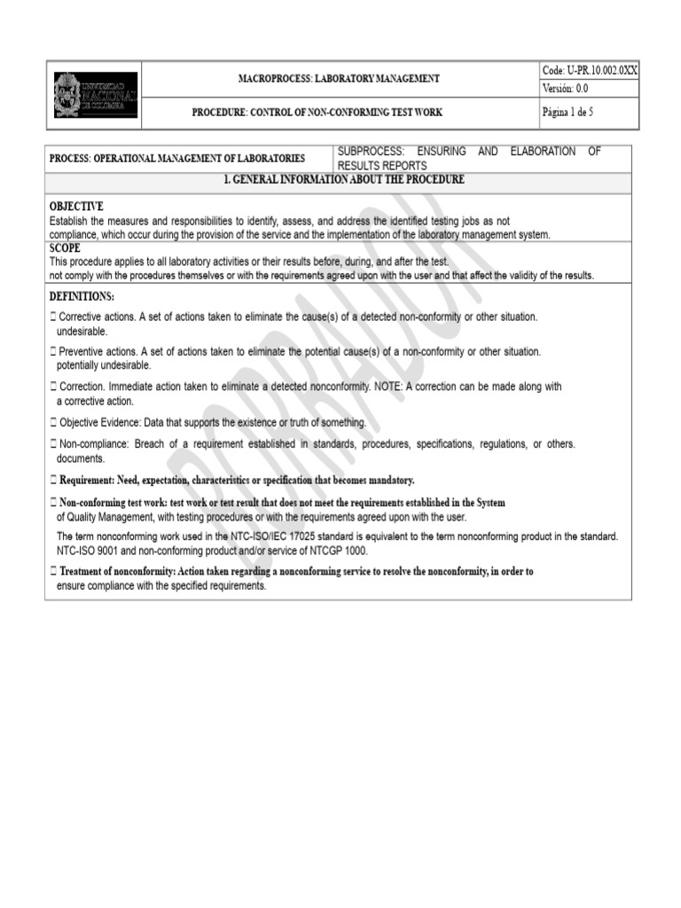 Oct 8 - PROCEDURE FOR CONTROL OF NON-CONFORMING TEST WORK | PDF ...