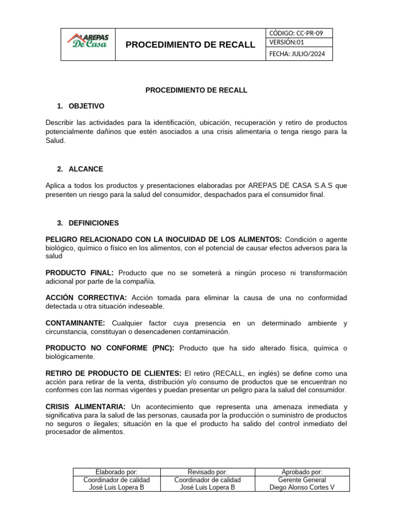 Procedimiento de Recall de Productos Alimentarios | PDF | Alimentos ...