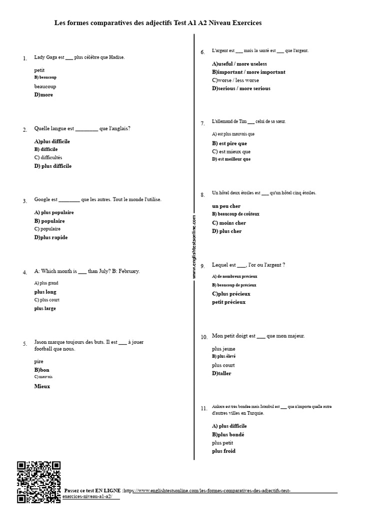 426 - Les Formes Comparatives Des Adjectifs Test Niveau A1 A2 Exercices ...