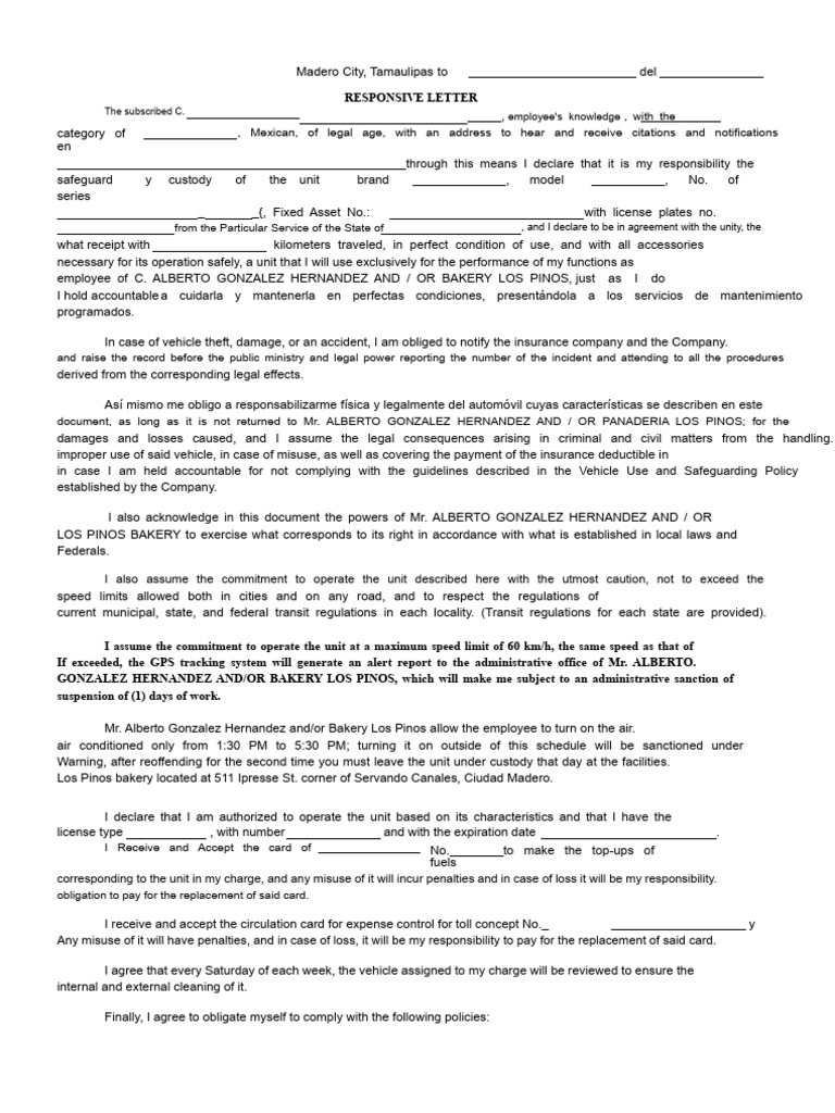 Responsibility Letter - Vehicles | PDF | Driving Under The Influence ...