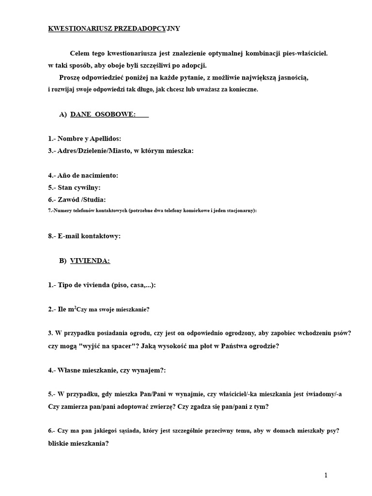 Kwestionariusz Adopcji Psów | PDF