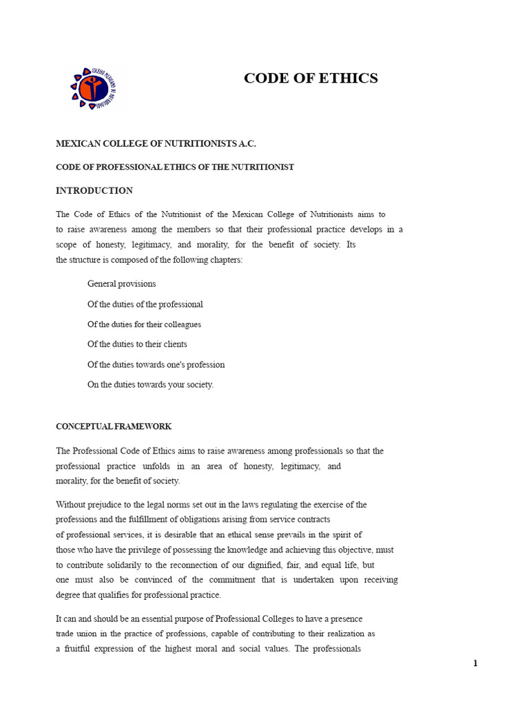Code of Ethics for Nutritionists | PDF | Regulatory Compliance | Profession