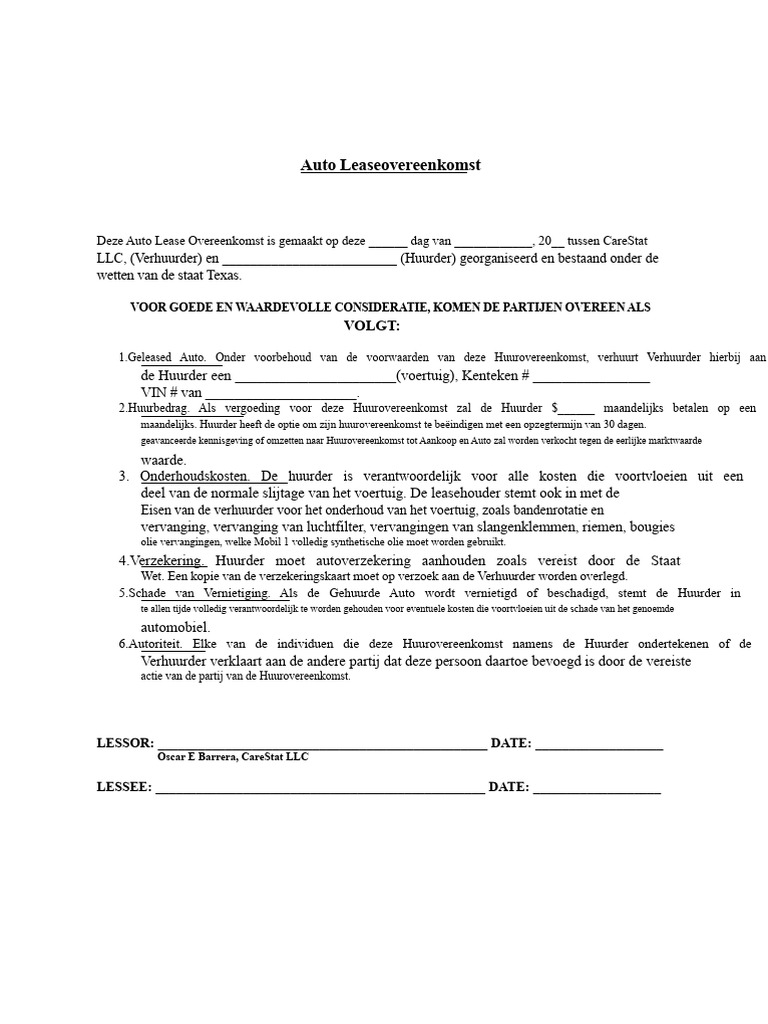 Auto Lease Overeenkomst Sjabloon Vrij Word Download | PDF