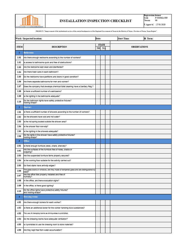 Installation Inspection Checklist for Facilities | PDF | Bathroom ...