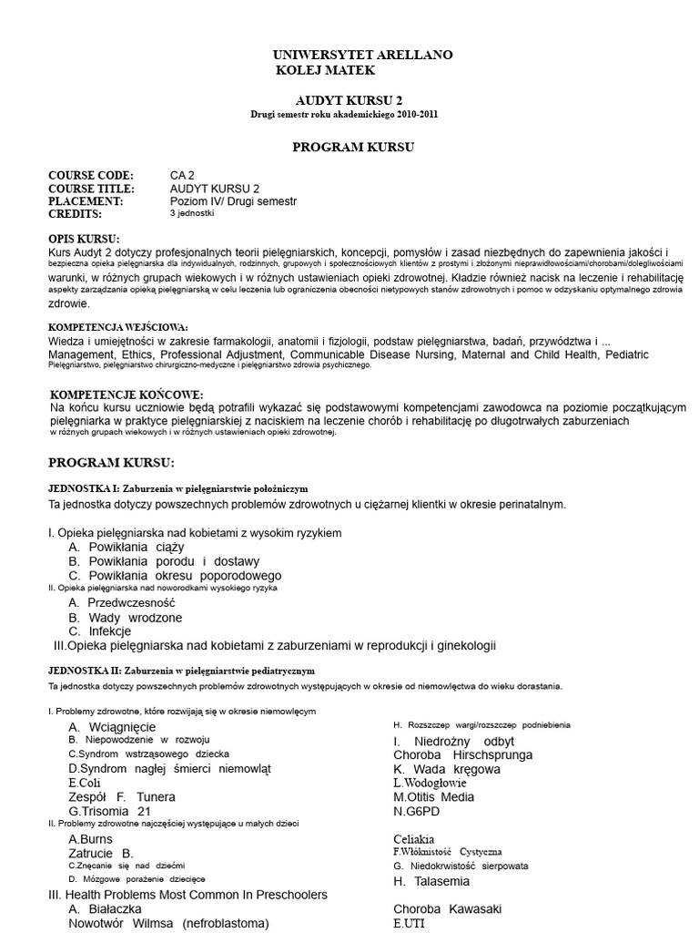 Plan Kursu AU CA2 | PDF