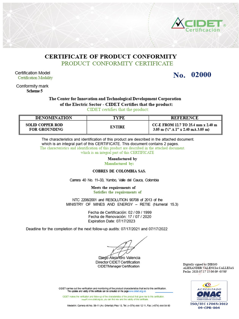 Solid Copper Rod Certification Document | PDF | Certification