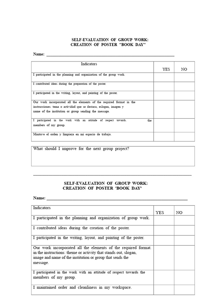Self-Assessment Group Work 3rd Grade | PDF