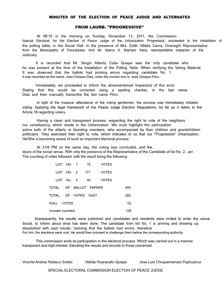 Minutes of The Election of Justice of The Peace and Alternates | PDF ...