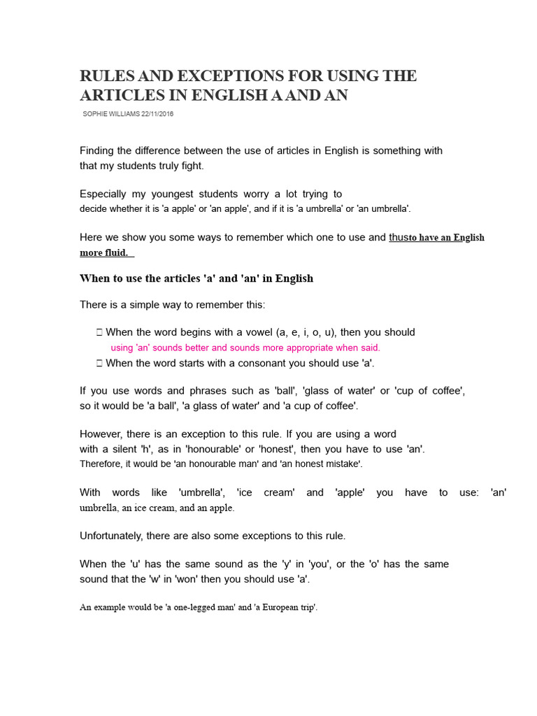 Rules and Exceptions For Using The Articles A and An in English | PDF ...