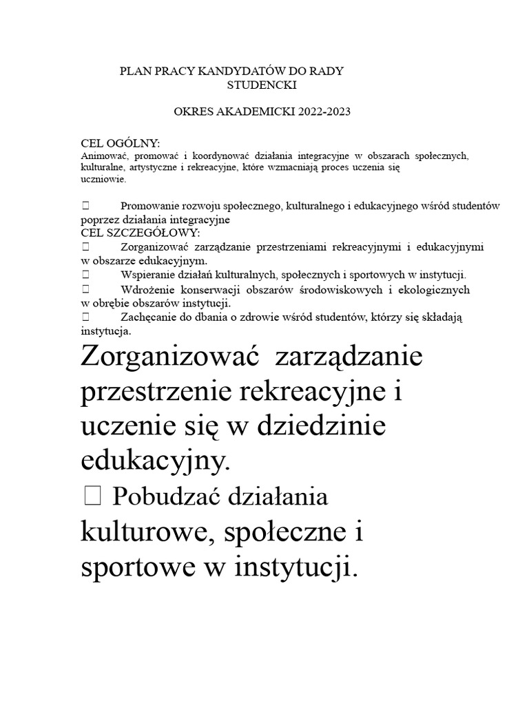 Plan Pracy Kandydatów Do Rady Uczniowskiej | PDF