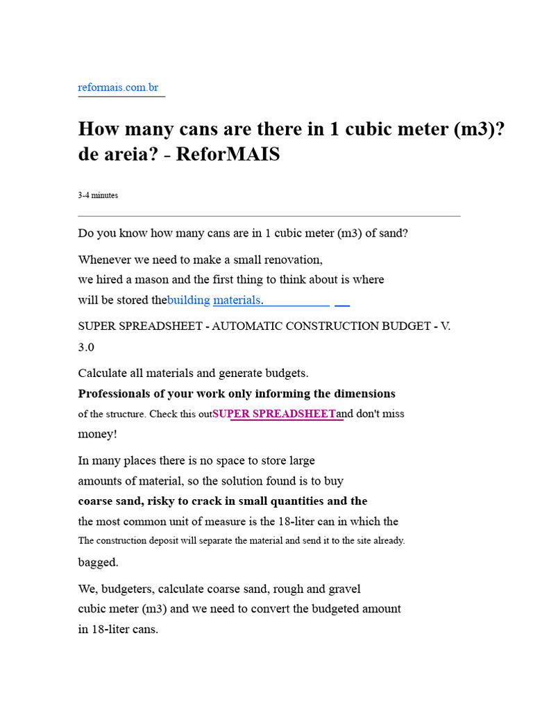 Cans in 1 Cubic Meter of Sand Calculation | PDF | Volume | Litre