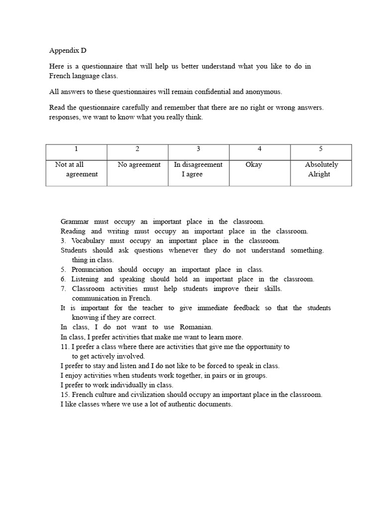 Questionnaire Activities in FLE Class | PDF