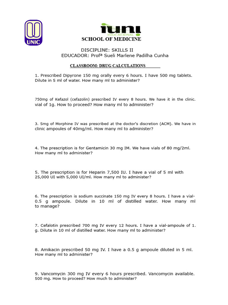 Drug Calculation Guidelines for IV Medications | PDF | Intravenous ...