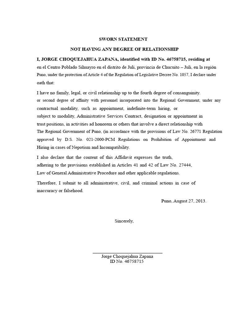 Sworn Statement of No RELATIONSHIP and Others | PDF | Affidavit ...