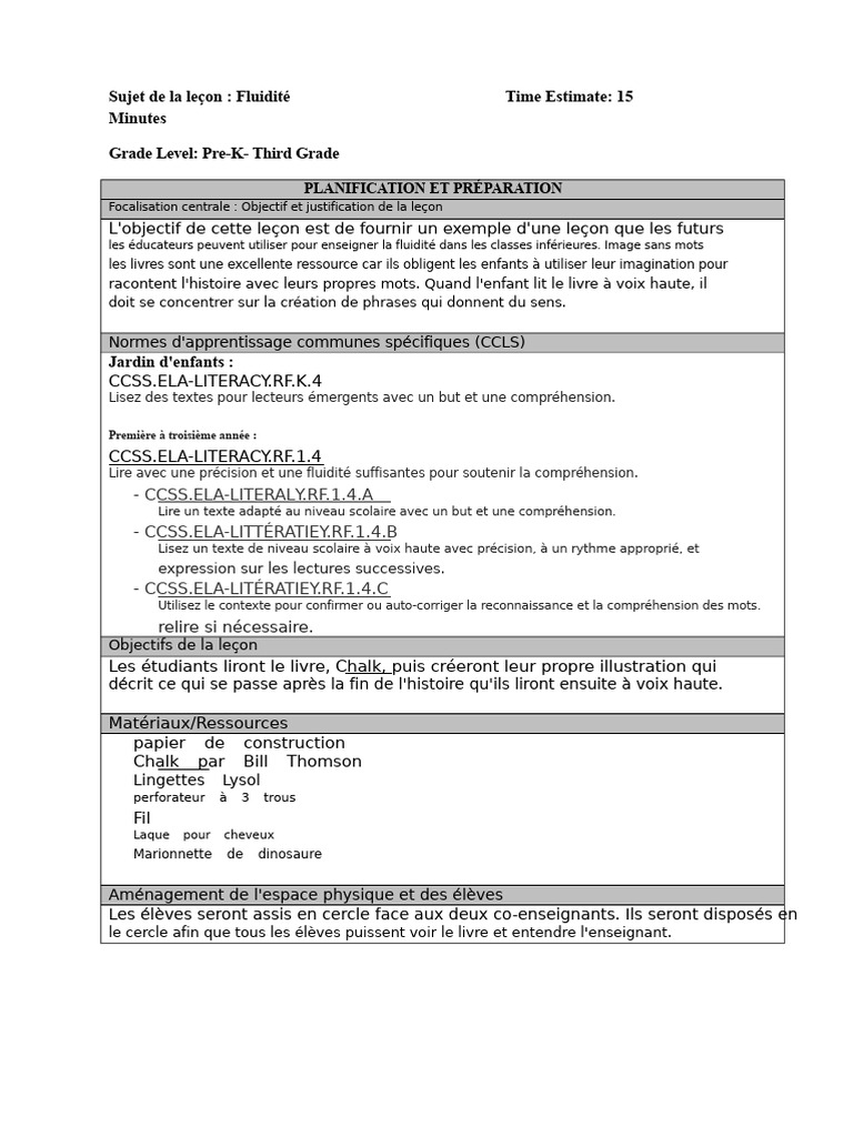 Leçon de fluidité en lecture K-3 | PDF