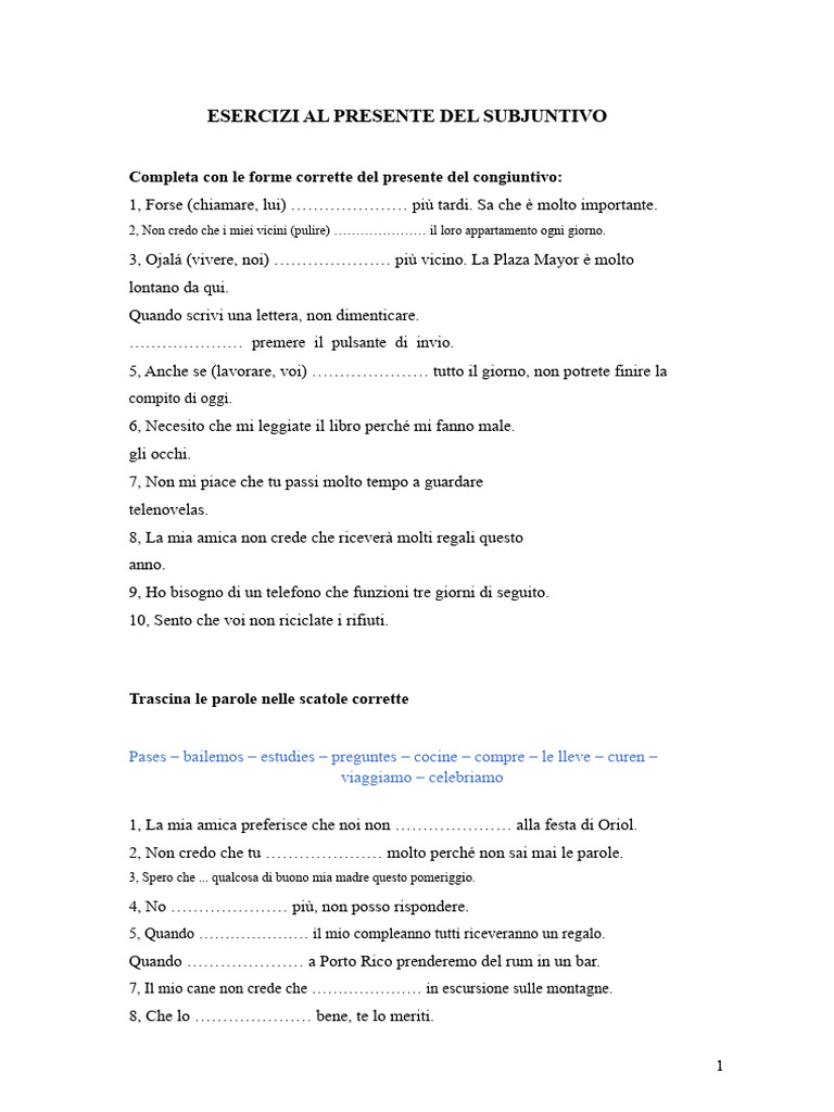 Esercizi Al Presente Del Congiuntivo | PDF