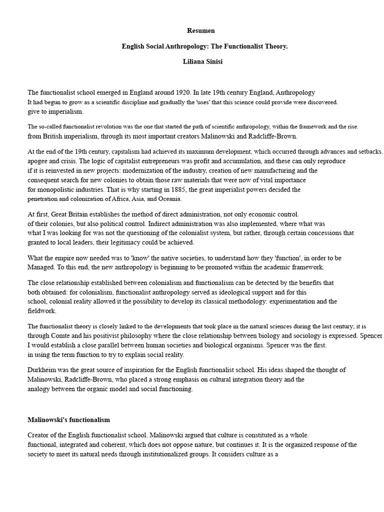 Summary of English Social Anthropology Functionalist Theory (Liliana ...