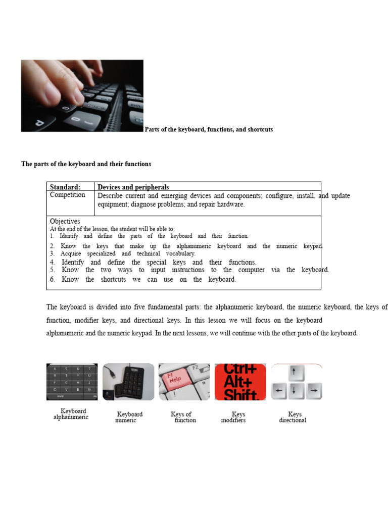 Reading - Parts of The Keyboard, Functions and Shortcuts | PDF ...