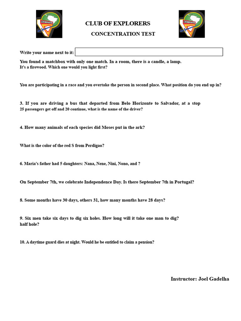 Club of Explorers Concentration Test | PDF