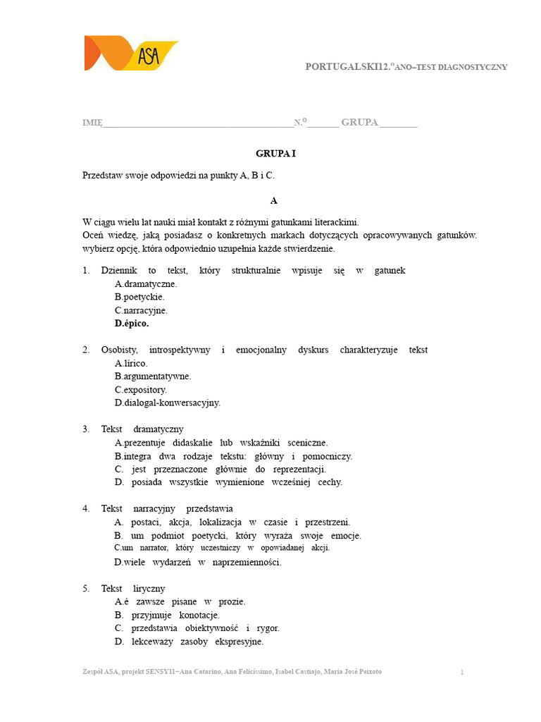 Test Diagnostyczny ASA 12 Lat | PDF