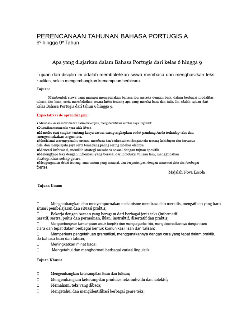 Rencana Pembelajaran Bahasa Portugis Kelas 6-9 | PDF