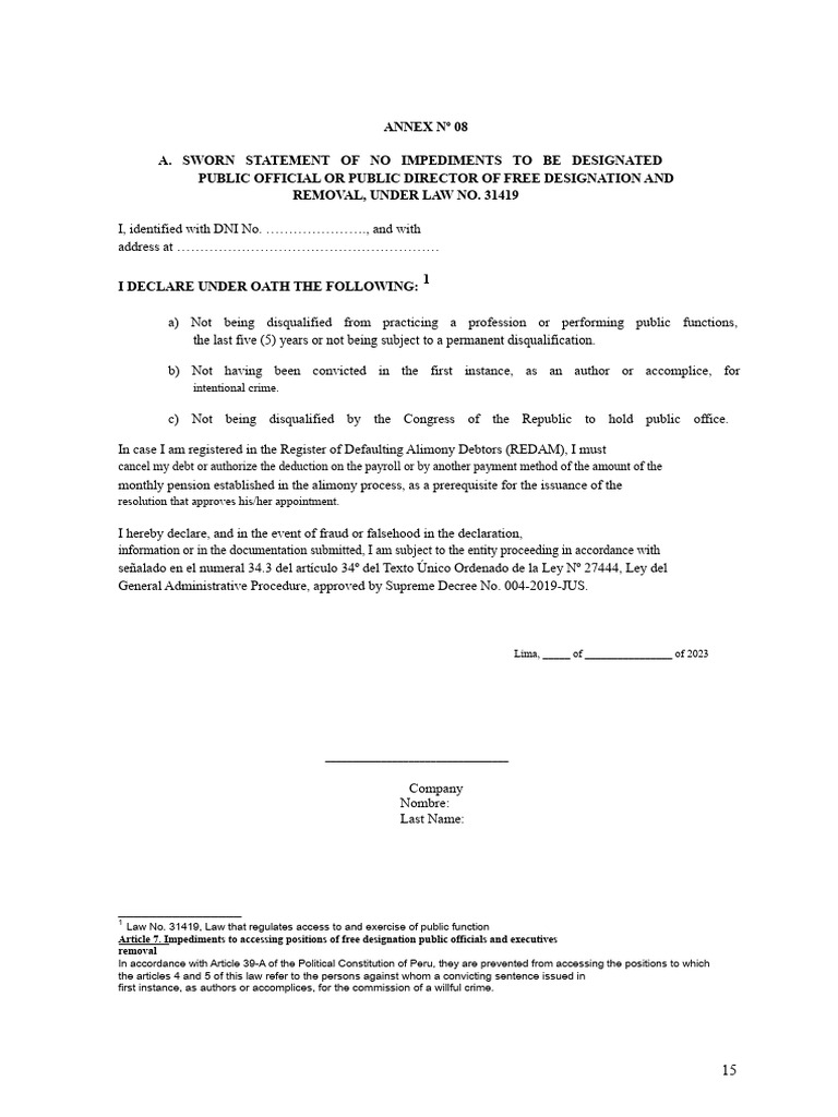 Annex No. 02 - Model of Affidavit | PDF | Public Law | Government