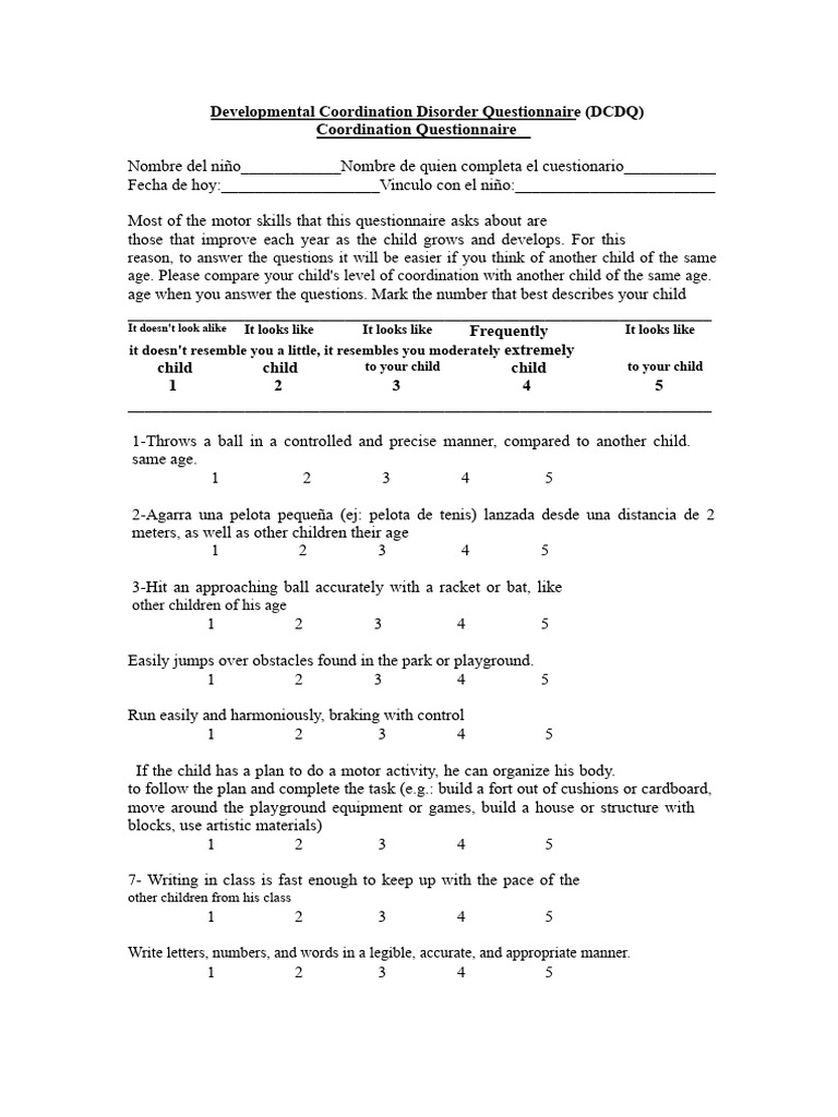 Developmental Coordination Disorder Questionnaire | PDF