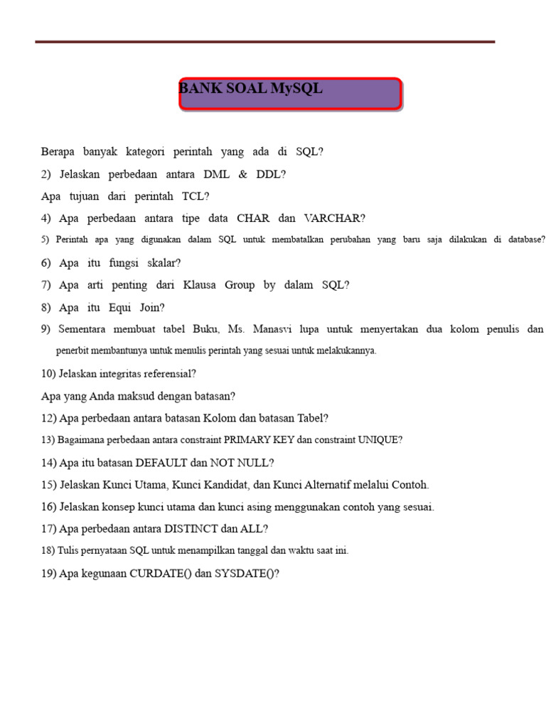 Bank Soal SQL dan MySQL Terlengkap | PDF
