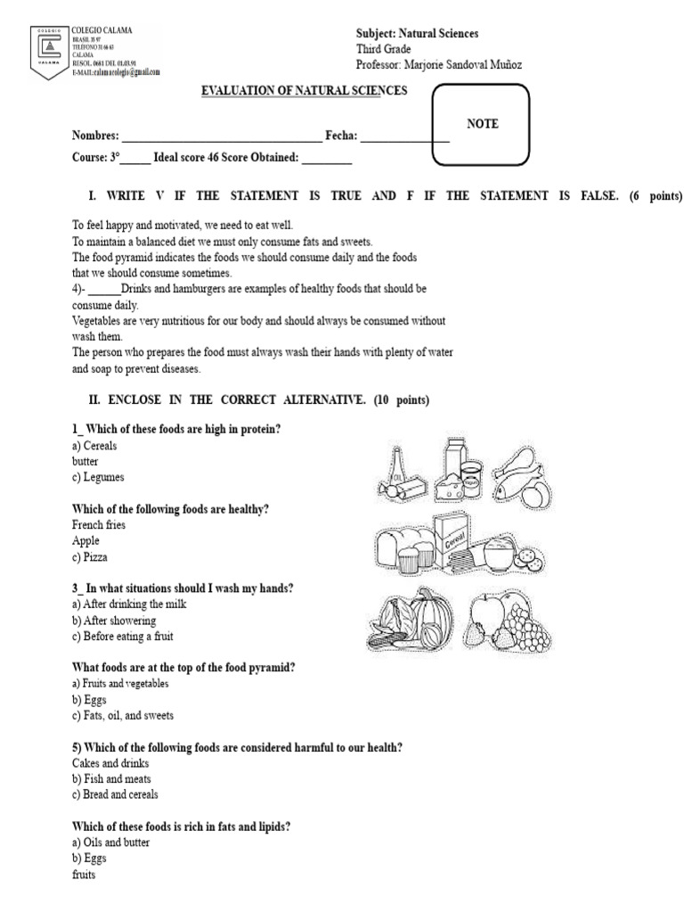 Third Grade Natural Sciences Evaluation | PDF | Foods | Healthy Diet