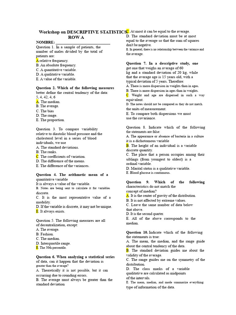 Descriptive Statistics Workshop Questions | PDF | Median | Standard ...