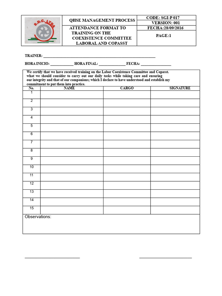 Training Attendance Format | PDF