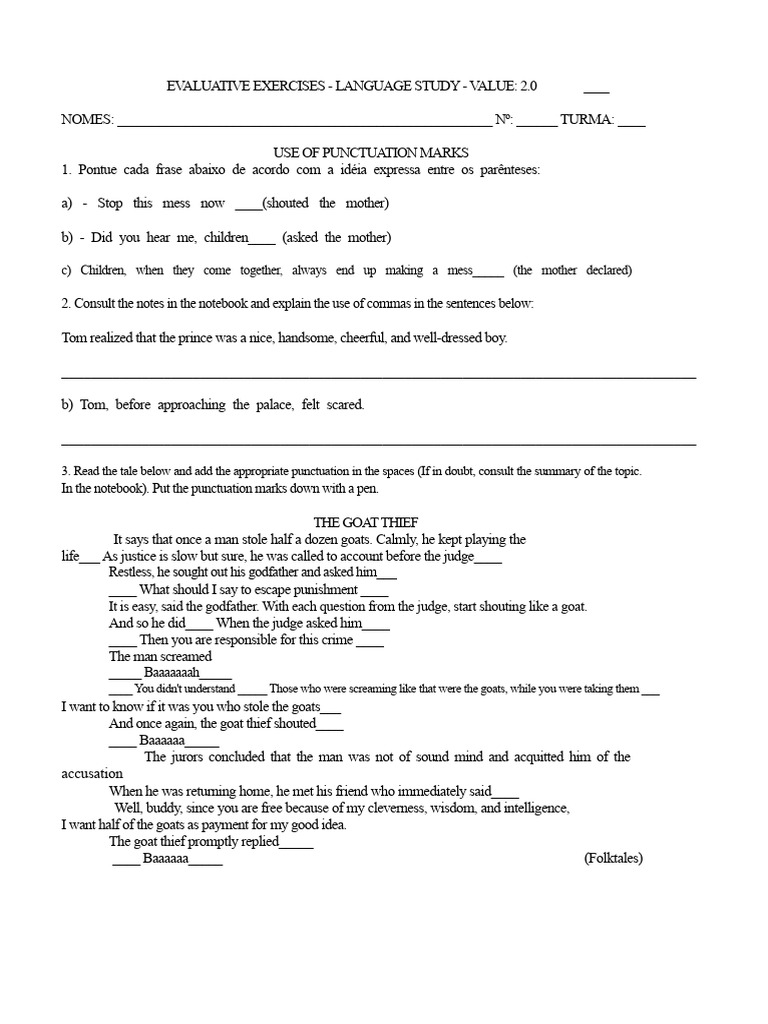 Punctuation Exercises for Language Study | PDF