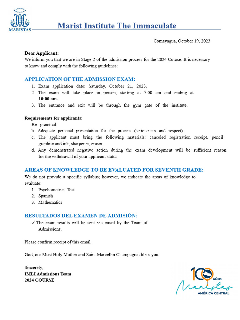 2024 Admission Exam Guidelines | PDF