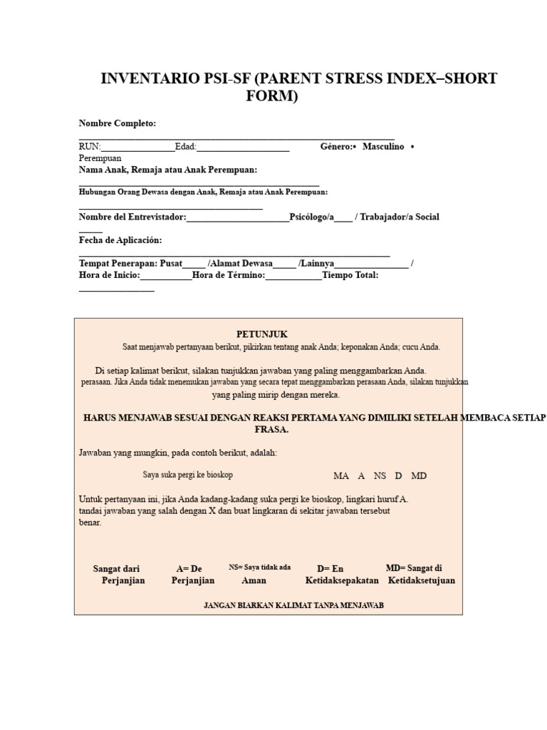 Inventario PSI-SF untuk Stres Orang Tua | PDF
