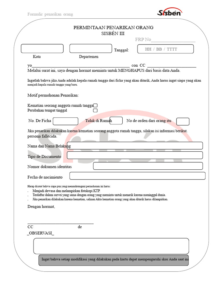 Format Permohonan Penarikan Orang SISBÉN III | PDF