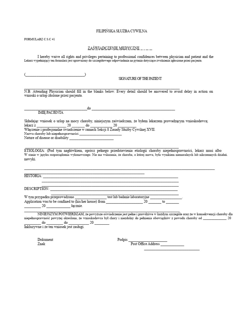 Certyfikat Medyczny CS FORM 41 Kopia | PDF