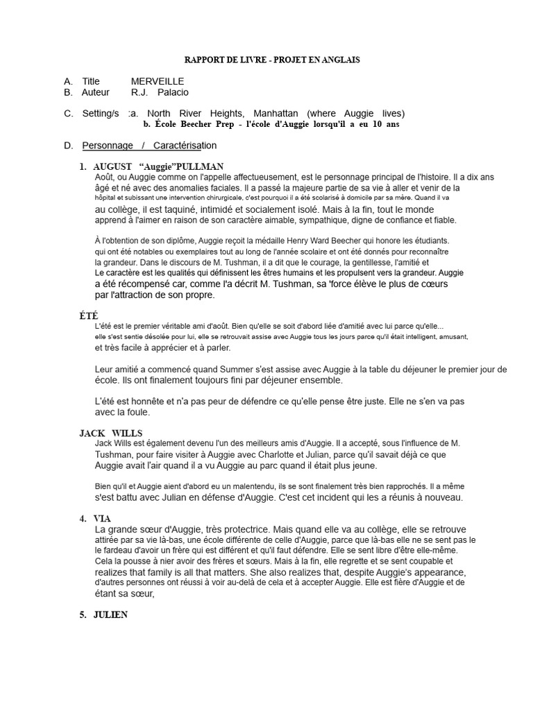 Analyse du livre "Wonder" de R.J. Palacio | PDF