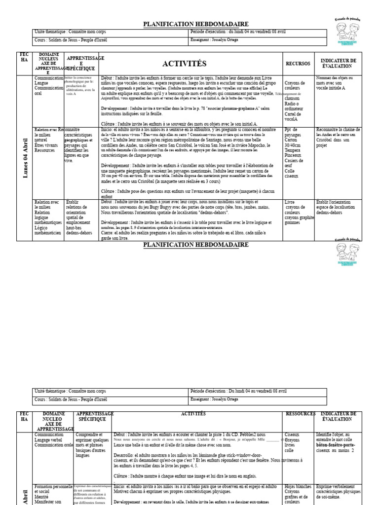 Planification hebdomadaire : connaître mon corps | PDF