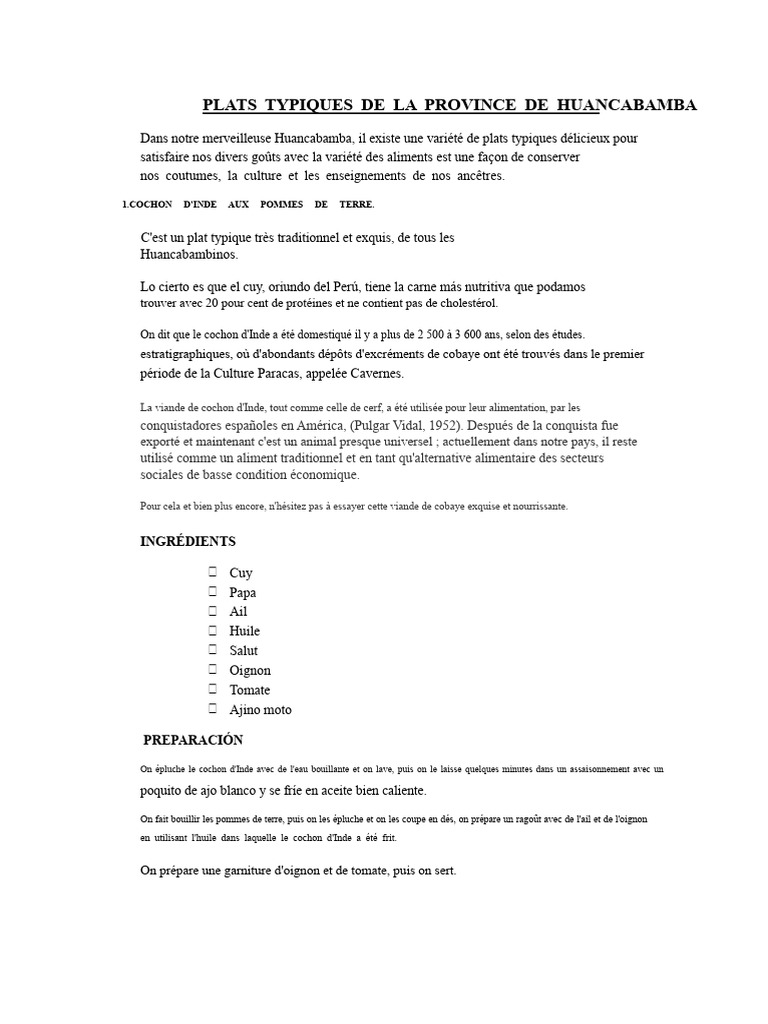 Plats et boissons typiques de Huancabamba | PDF | Boisson | Cochon d'Inde